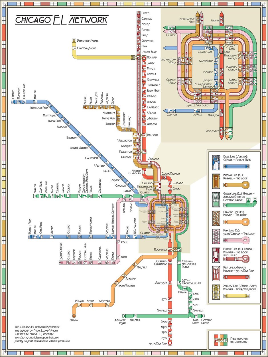 Prairie Style Subway Maps: Chicago Rail Routes Rendered ala Frank Lloyd ...